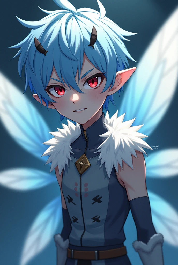Dark male fairy with slanted eyes with an insect style and red pupils ...