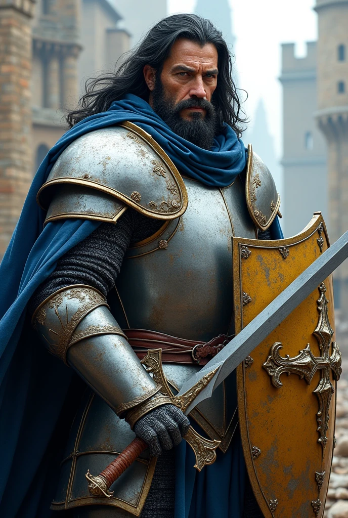 Imagine a middle-aged paladin knight with long black hair, with a ...