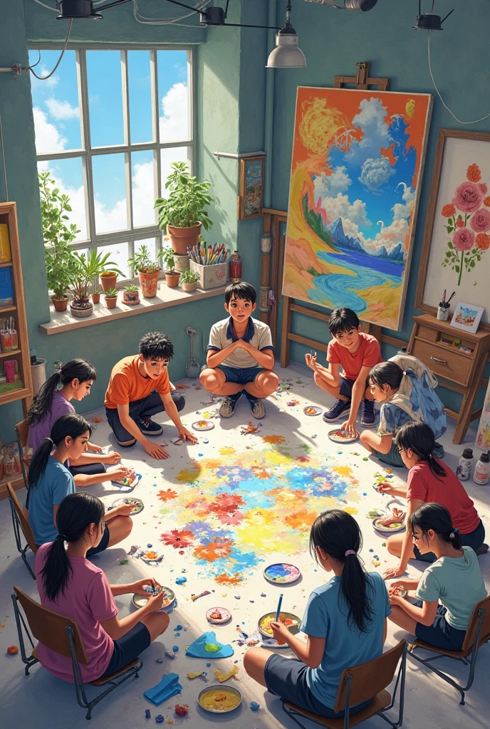 Help me draw a picture book about a junior high school club with large works of - SeaArt AI