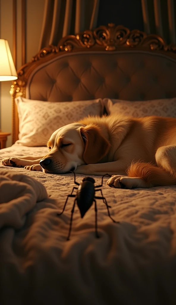 POV shot from behind the head of a cockroach, looking at a golden dog ...