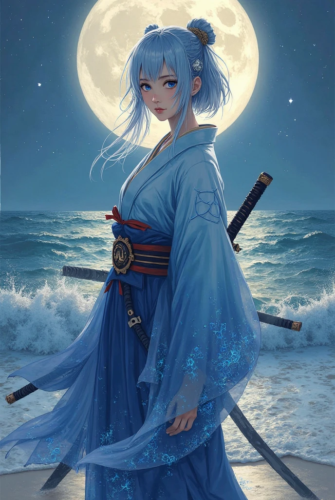 Japanese female samurai, standing on moonlit beach, silver-blue hair ...