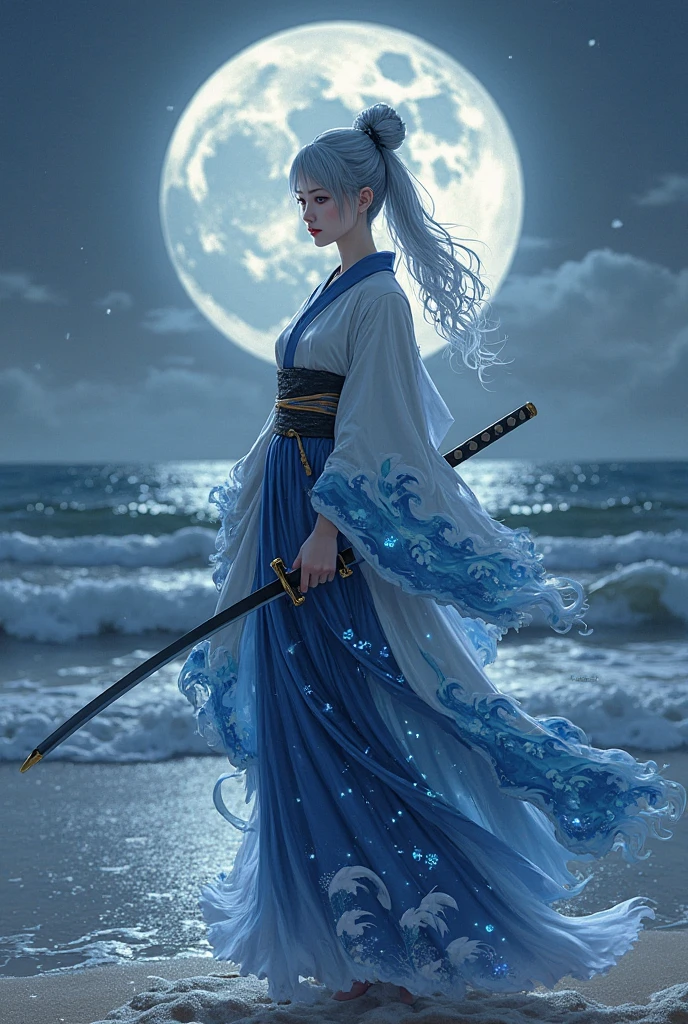 Japanese female samurai, standing on moonlit beach, silver-blue hair ...