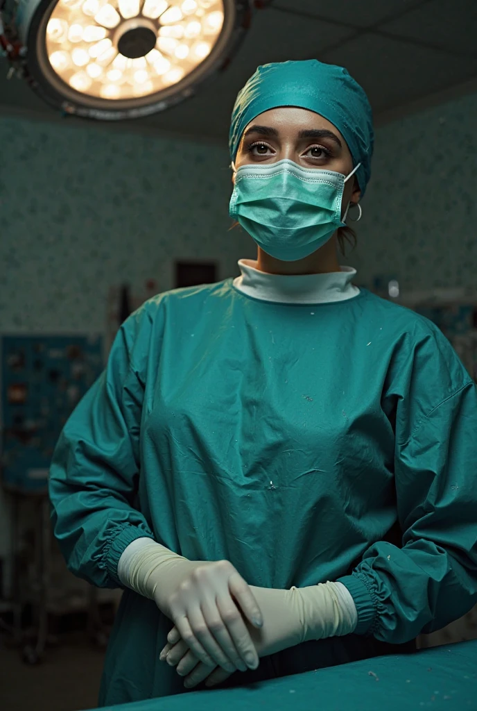 A woman in full surgical PPE attire in an operating room with skin ...