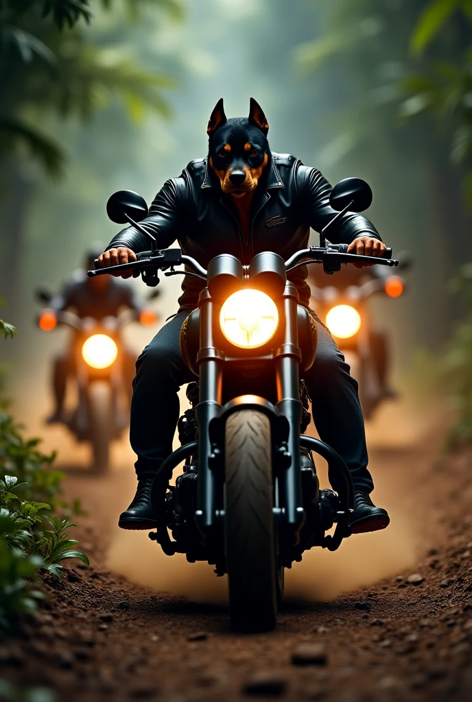 "A powerful Rottweiler, muscular and fierce, rides a roaring black ...