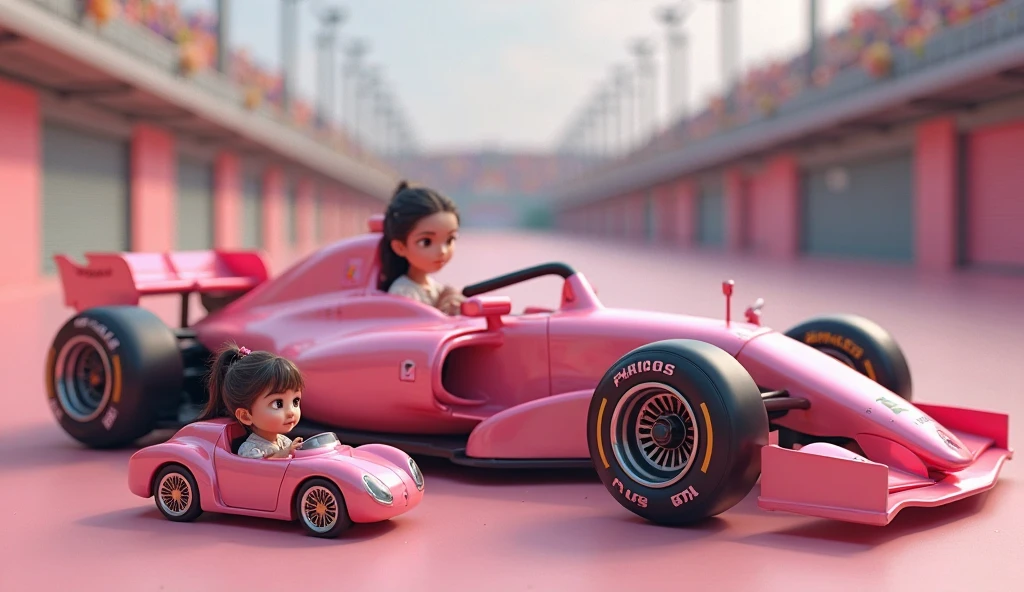 A small pink car with a girl. Another full-size pink car with an adult ...