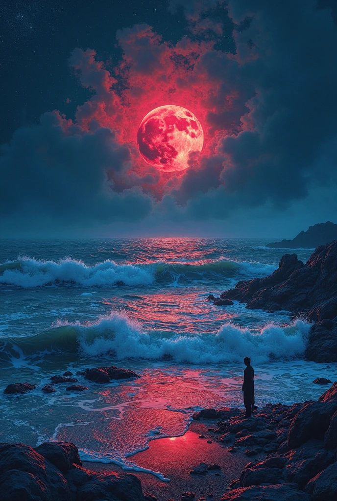 "A surreal, dreamlike seascape at midnight. The ocean glows in deep ...