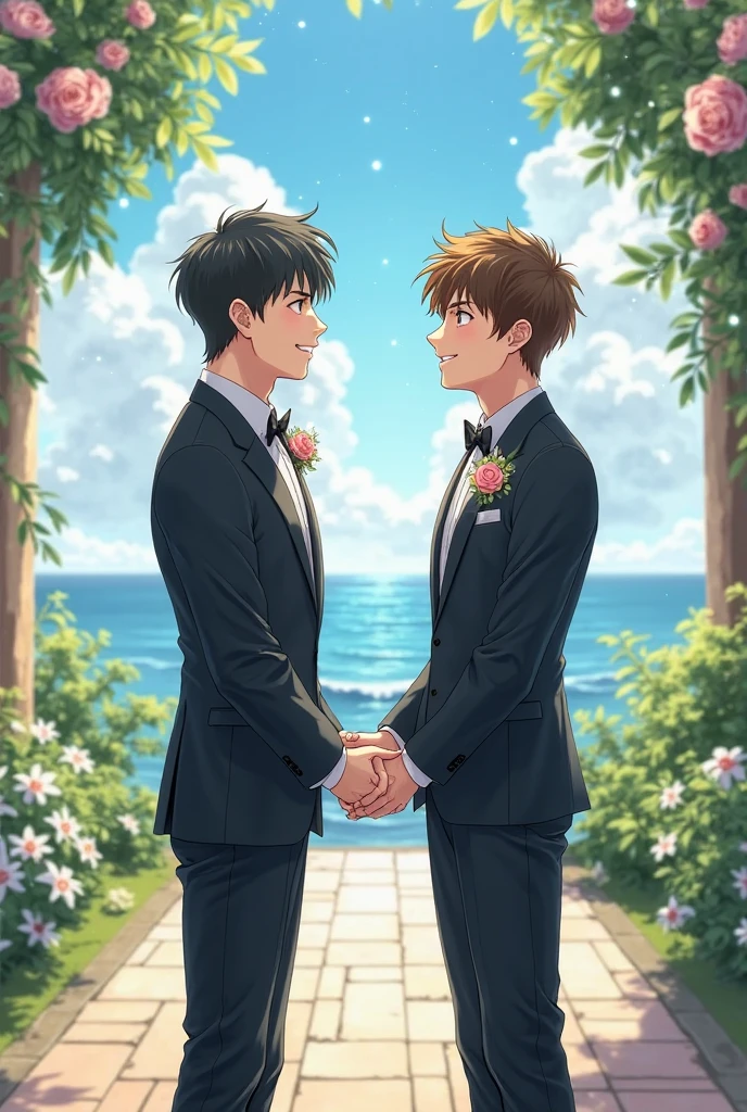 Two groom wedding pic anime realistic style - SeaArt AI