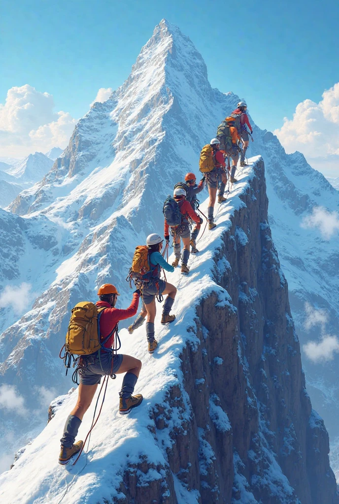 "A group of people climbing a mountain, helping each other to reach the ...