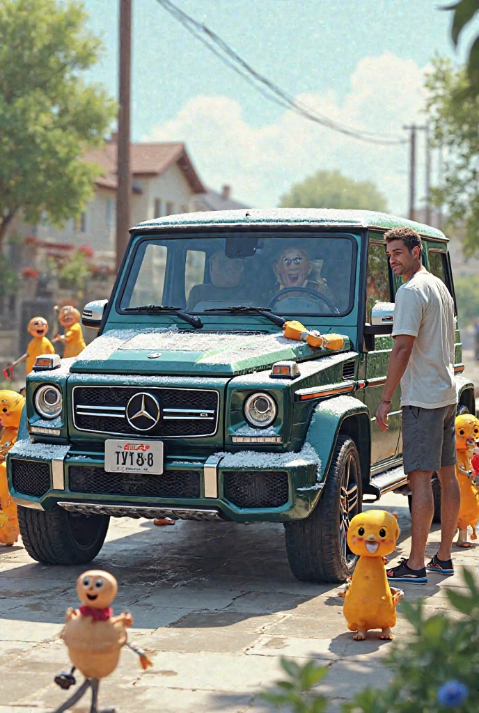 Mercedes G chassis car cleaning man and male cartoon characters holding ...