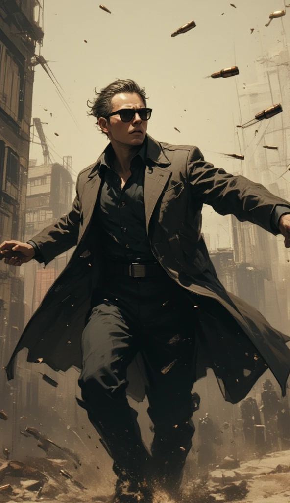 A man in overcoat and sunglasses dodging incoming bullets - SeaArt AI