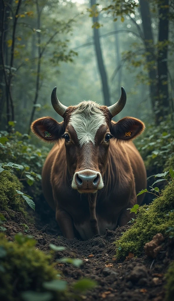 "Deep in the heart of the forest, a helpless cow lies trapped in a hole ...