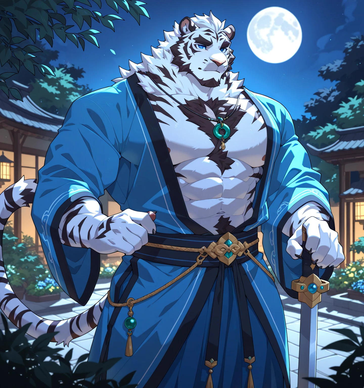 A tiger with white fur， mature ，furry , anthropomorphic face - SeaArt AI