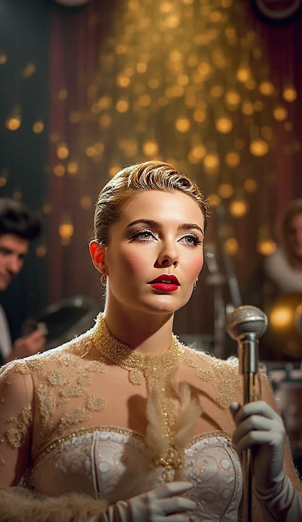 A glamorous vintage jazz singer performing on stage, wearing an elegant ...