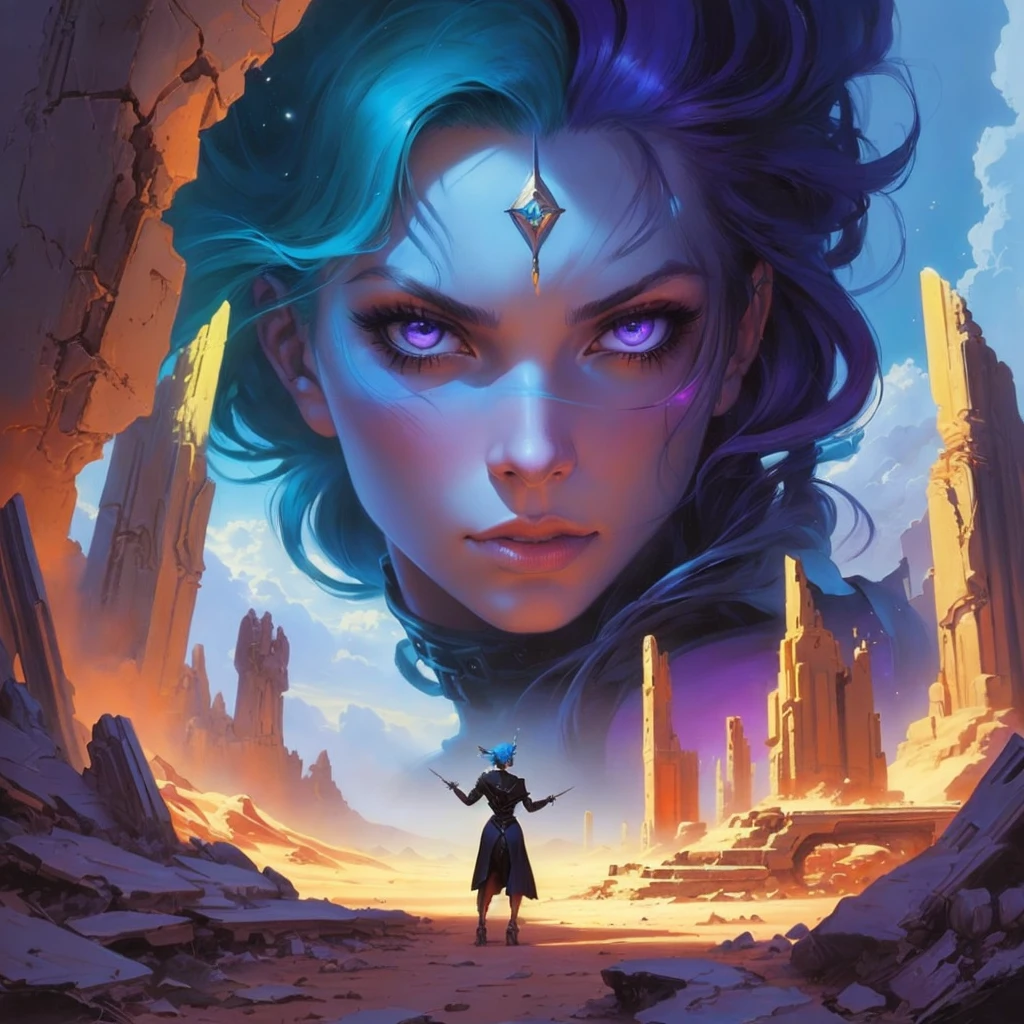 A woman with blue hair and a purple face stands in a desert, artgerm ...