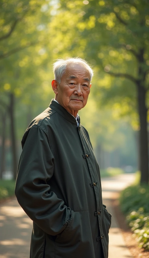 A 75-year-old Chinese man standing in a peaceful park, half-body ...