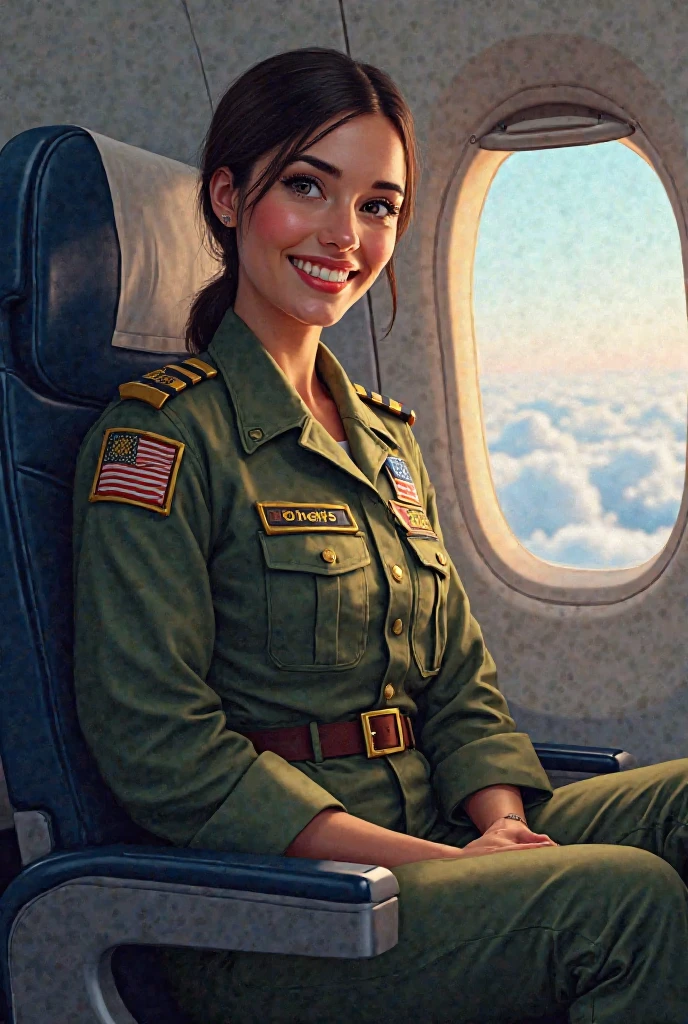 Military woman on a plane smiling - SeaArt AI
