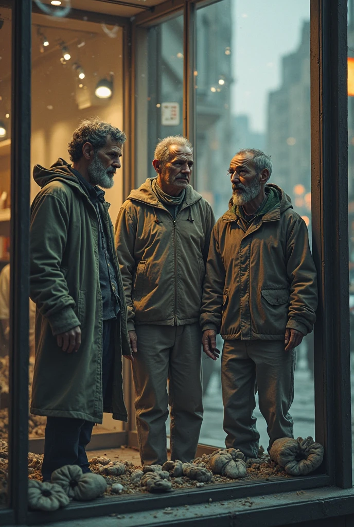 Group of 3 homeless people inside a store window instead of mannequins ...