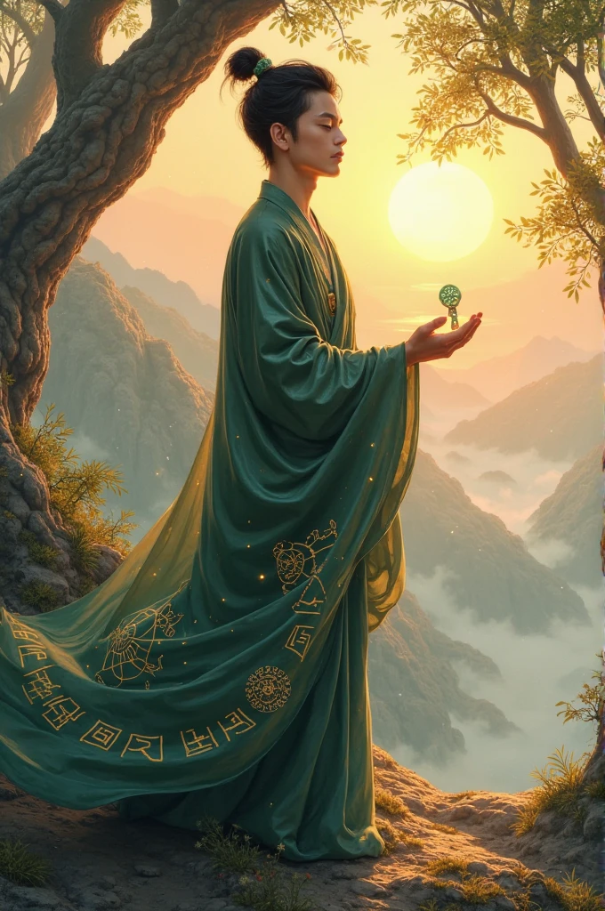 A young cultivator, with short black hair and wearing a deep green robe ...