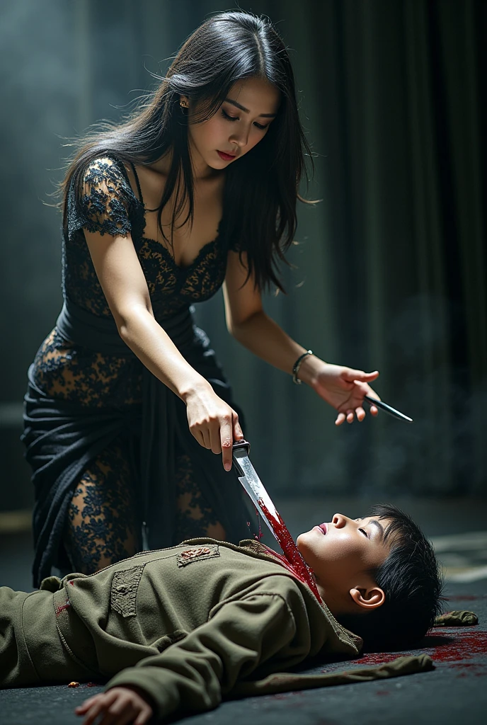 Realistic, A Very beautiful woman, cut throat a boy, boy full face mask close - SeaArt AI