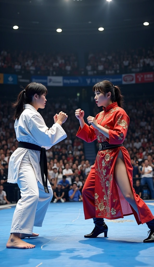 **"A realistic martial arts competition scene in an indoor arena ...