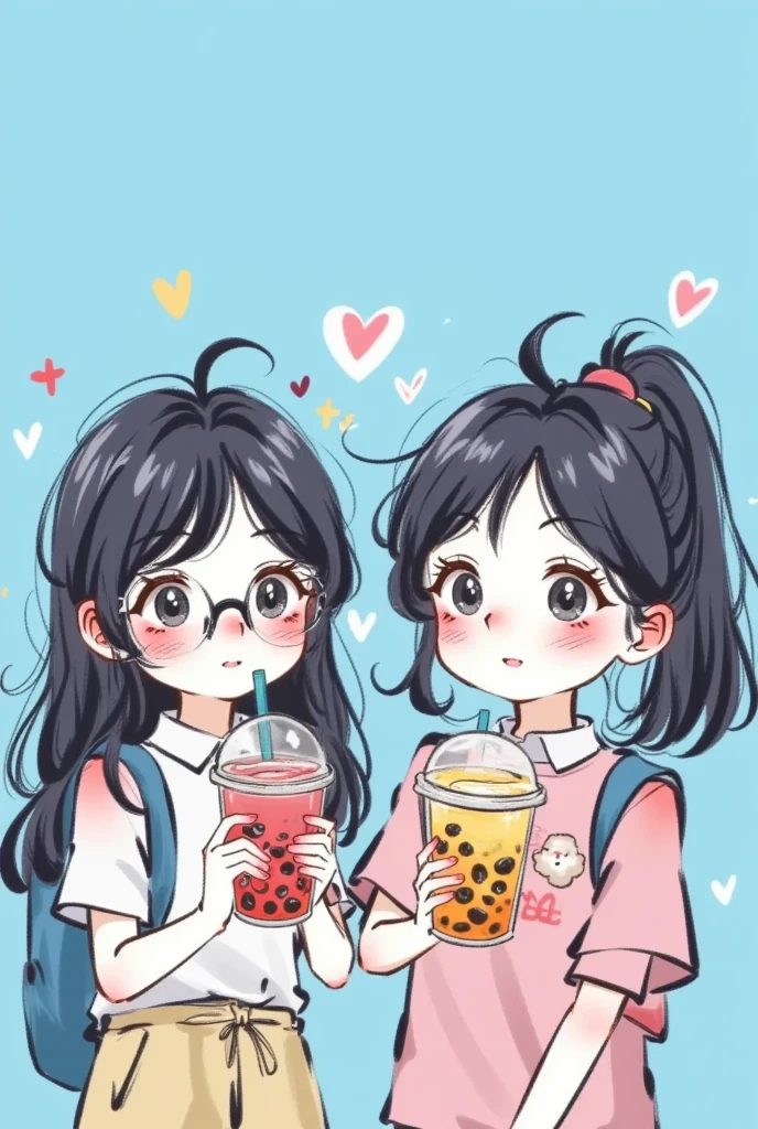 2D cartoon image of two cute elementary school students, is wearing ...