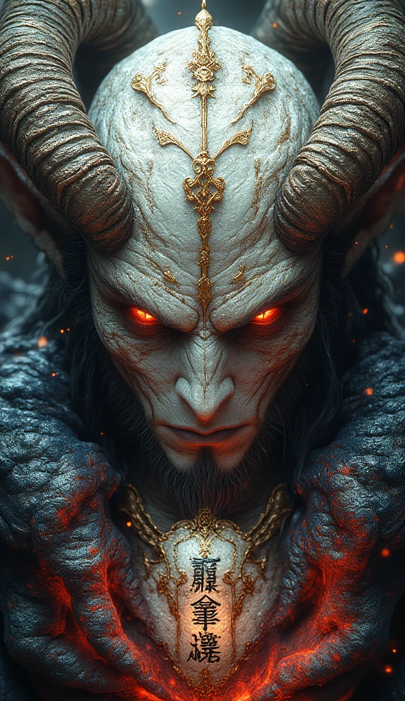 A highly detailed Japanese Oni mask illustration, featuring a central ...