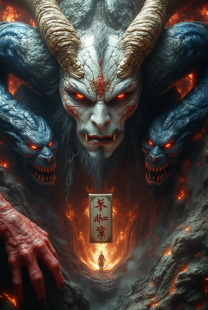 A highly detailed Japanese Oni mask illustration, featuring a central ...