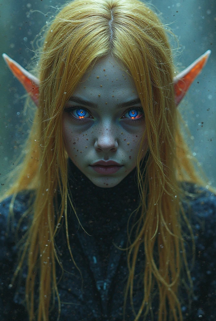 Blue eyes, golden hair, red eyes, camera lens with a width of 70 ...