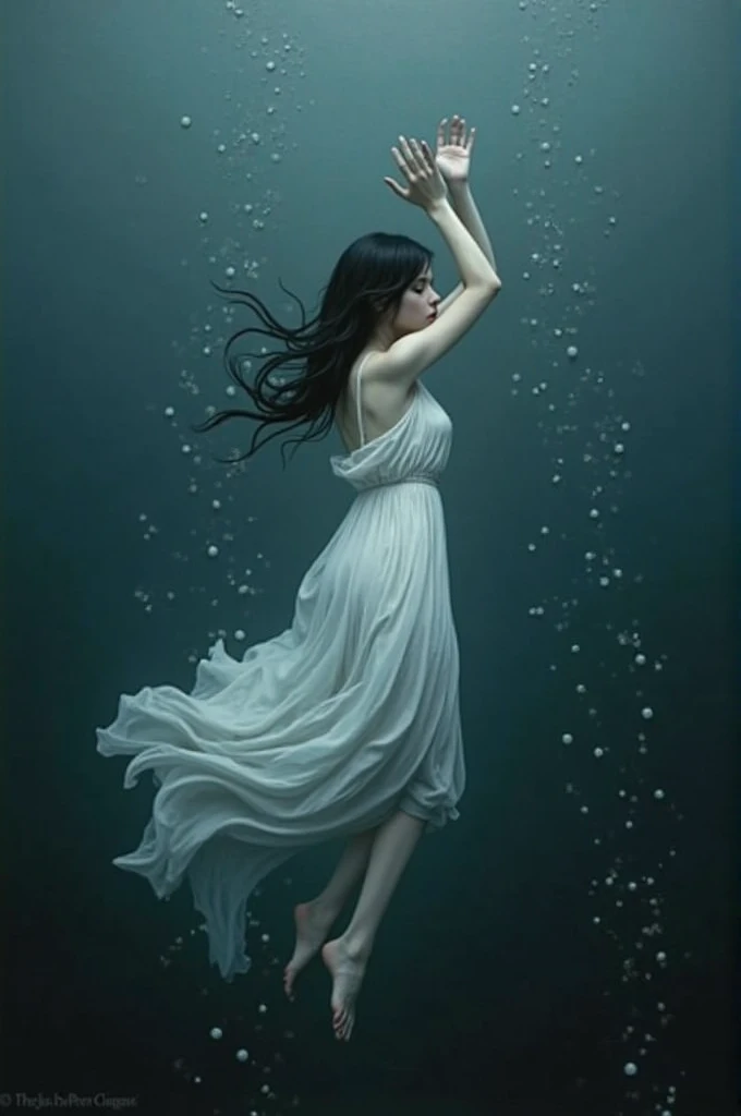 Measuring 512 x 800, it depicts a woman drowning in water with a calm ...