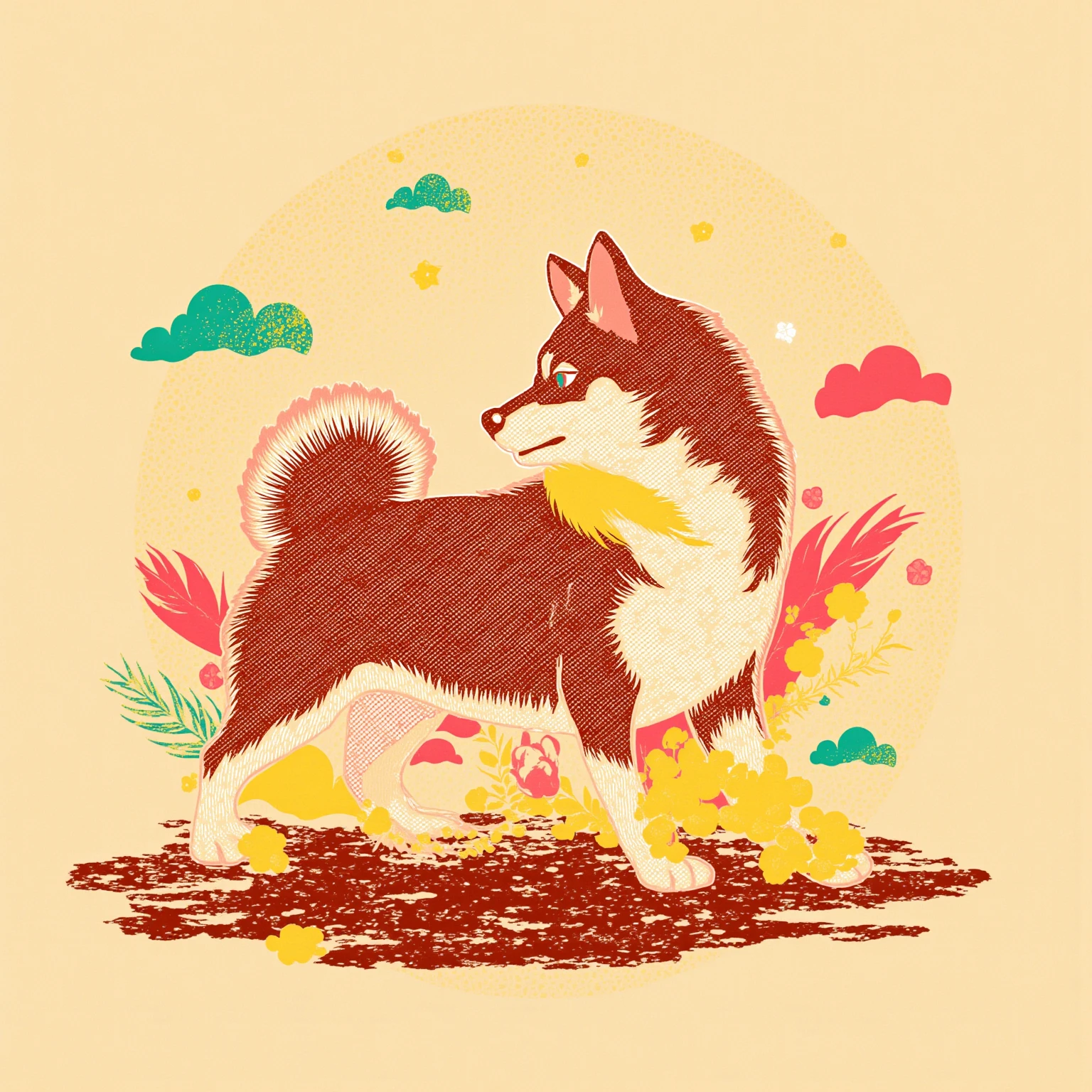 Pop art、Shiba Inu、sepia ink、projected colorful shadows、( ink art ...