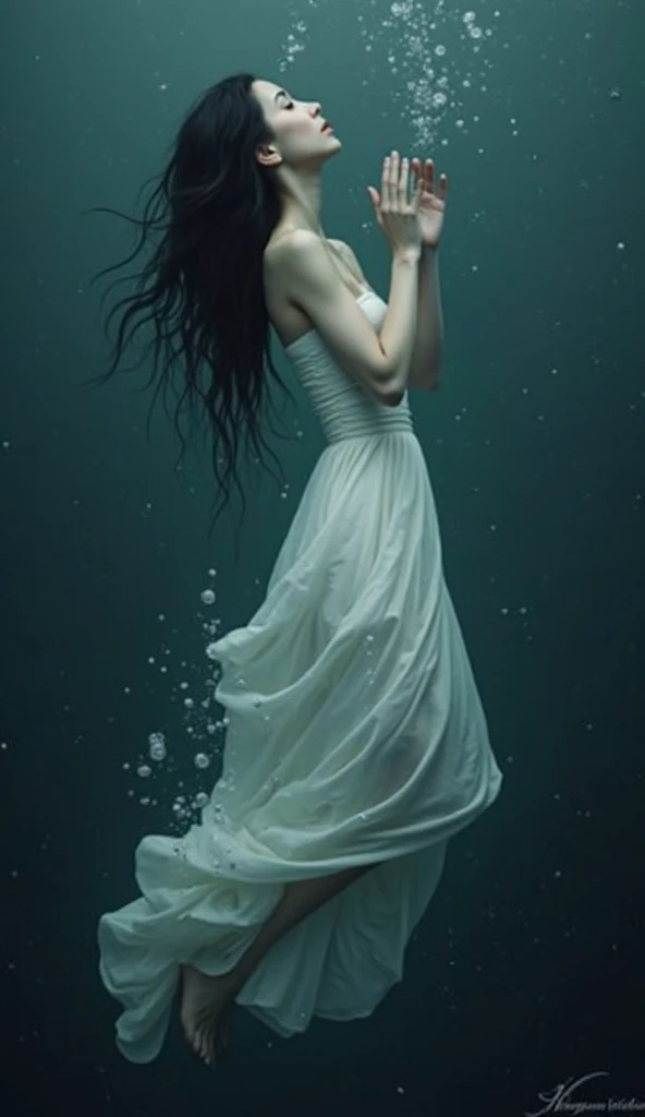 Measuring 512 x 800, it depicts a woman drowning in water with a calm ...