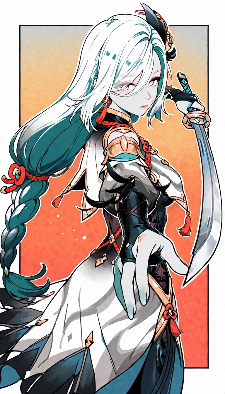 1girl, solo, (green hair:1.2), shenhe, blue eyes, braided ponytail ...