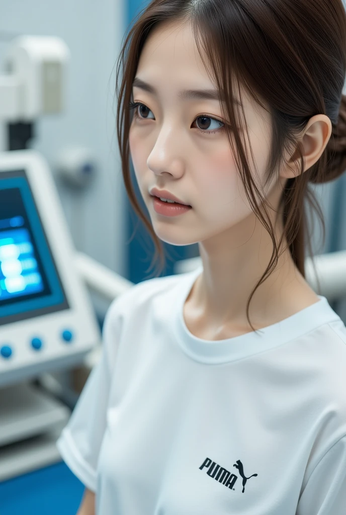 Japanese female model wearing a white PUMA logo t-shirt undergoing an ...