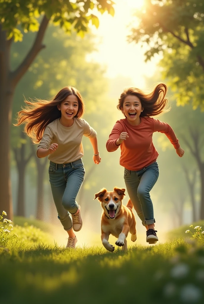 Creat two women run after dog - SeaArt AI