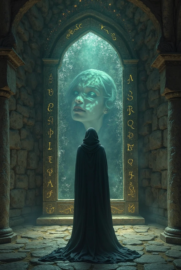 A lone figure stands before an ancient, enchanted mirror in a dimly lit ...