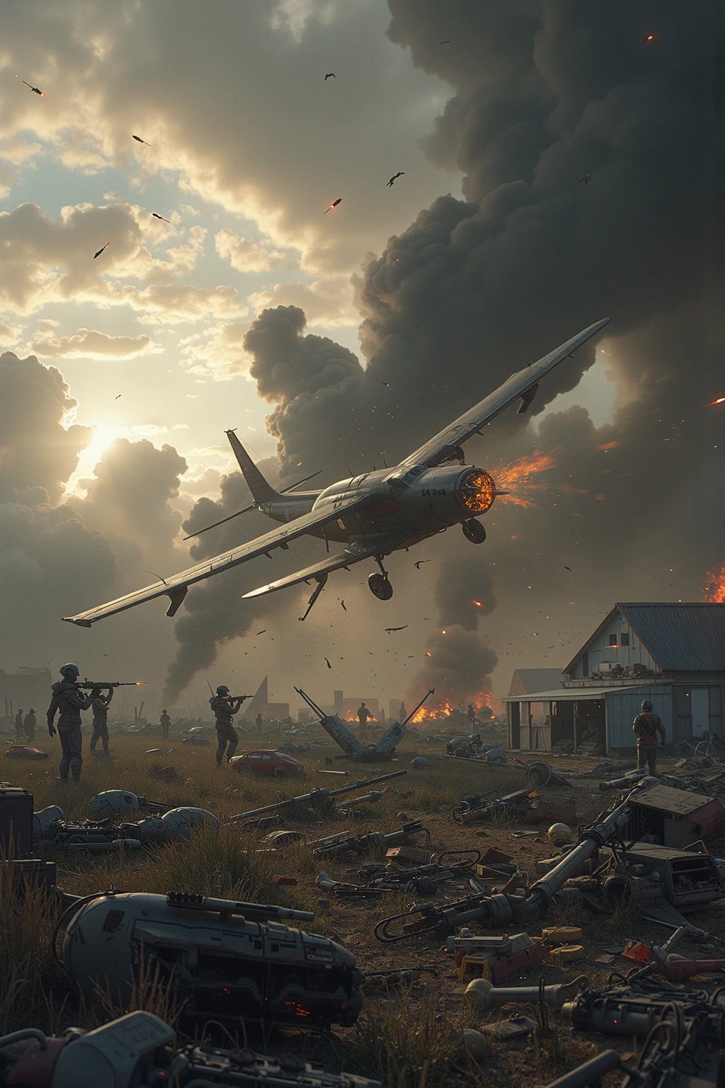 A scene of a plane crash in the middle of a battlefield in a dark ...