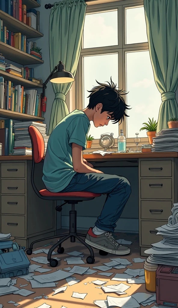 A contemplative boy, his messy surroundings reflecting his deep ...