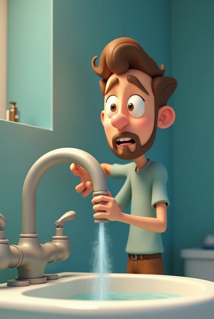 "The same man now looks shocked and worried as he turns the tap - SeaArt AI