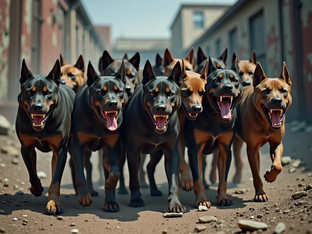 I want you to draw me a realistic pack of 20 dangerous dogs that are ...