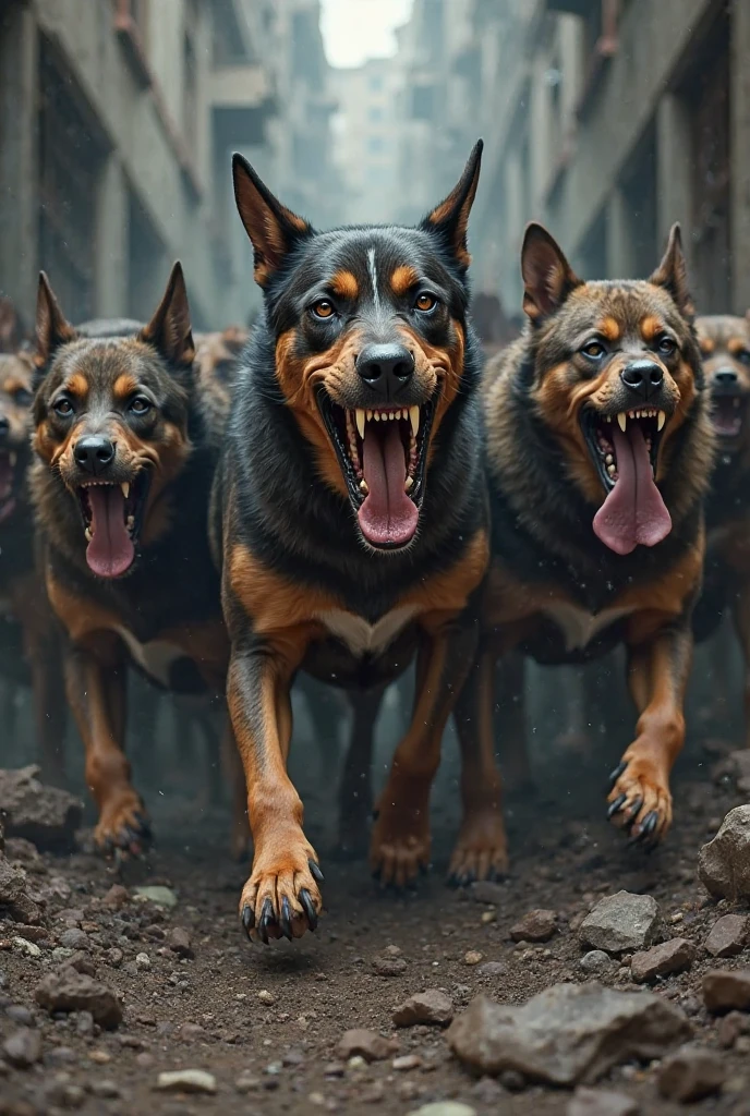 I want you to draw me a realistic pack of 20 dangerous dogs that are ...