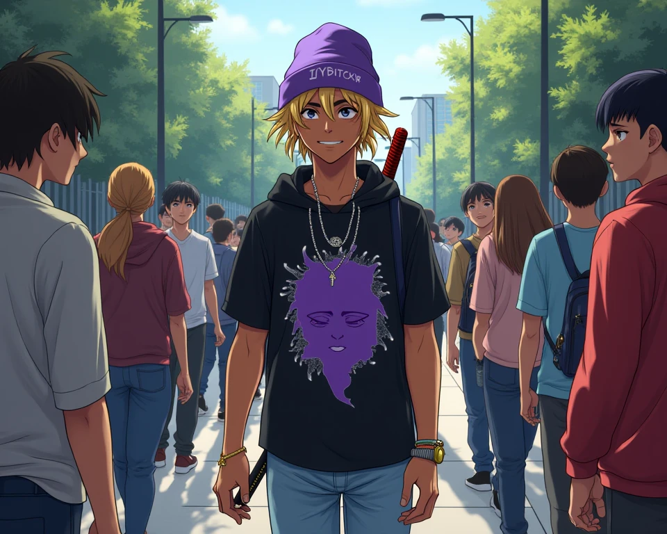 Panel 1: Character: Toyatchy walking through the school gate - SeaArt AI