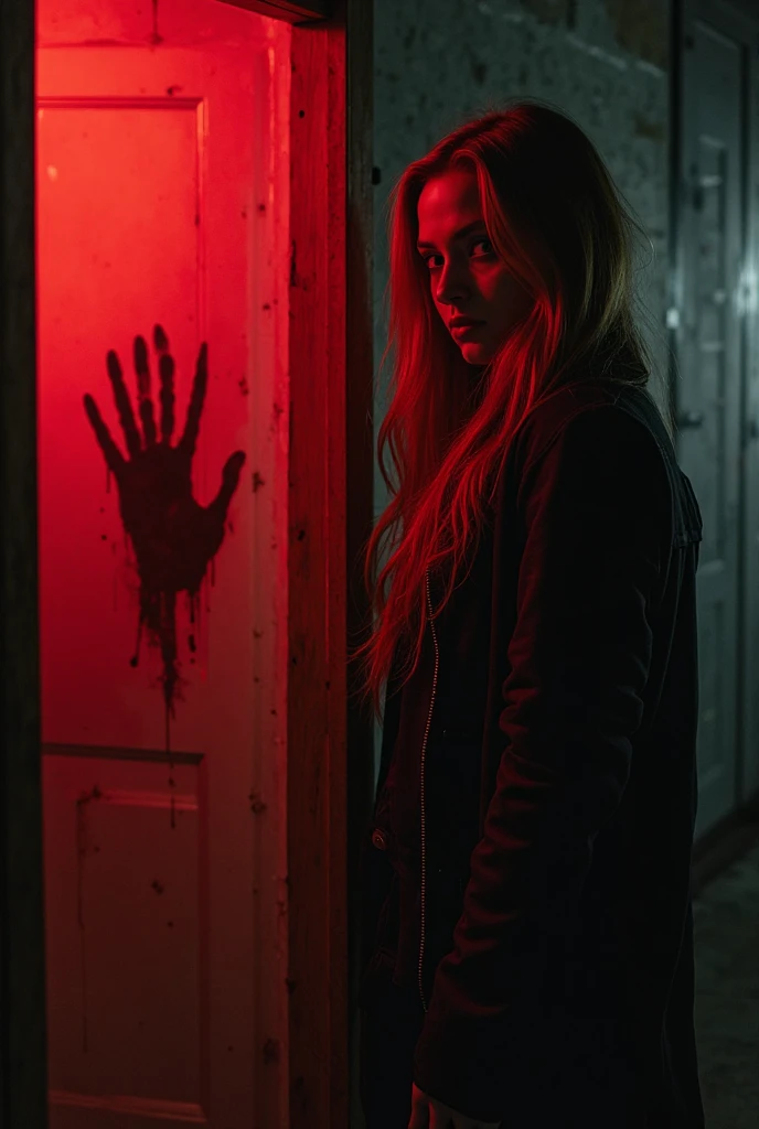 "A dark and tense scene. On the right, a young woman stands in partial ...