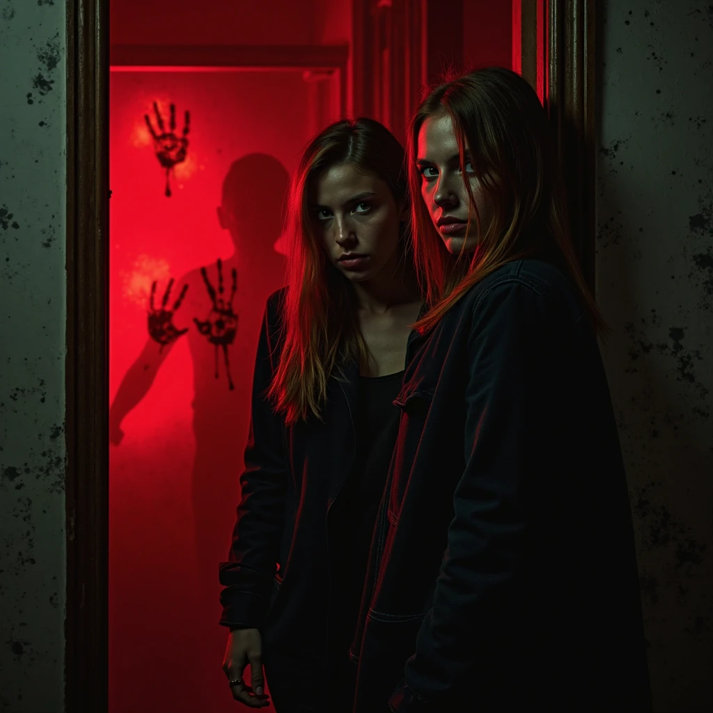 "A dark and tense scene. On the right, a young woman stands in partial ...