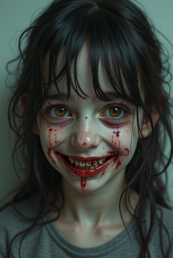 Make an image of a horror unsettling image of a human girl smiling at ...