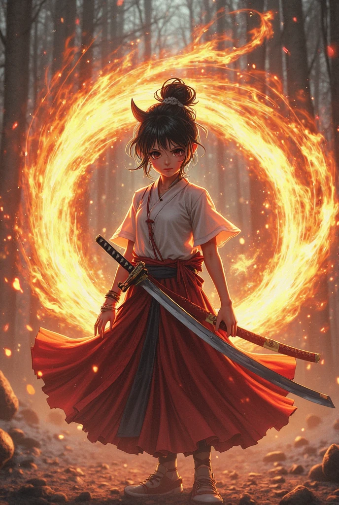 An anime girl with an open armor on the handle katana hand controls the ...