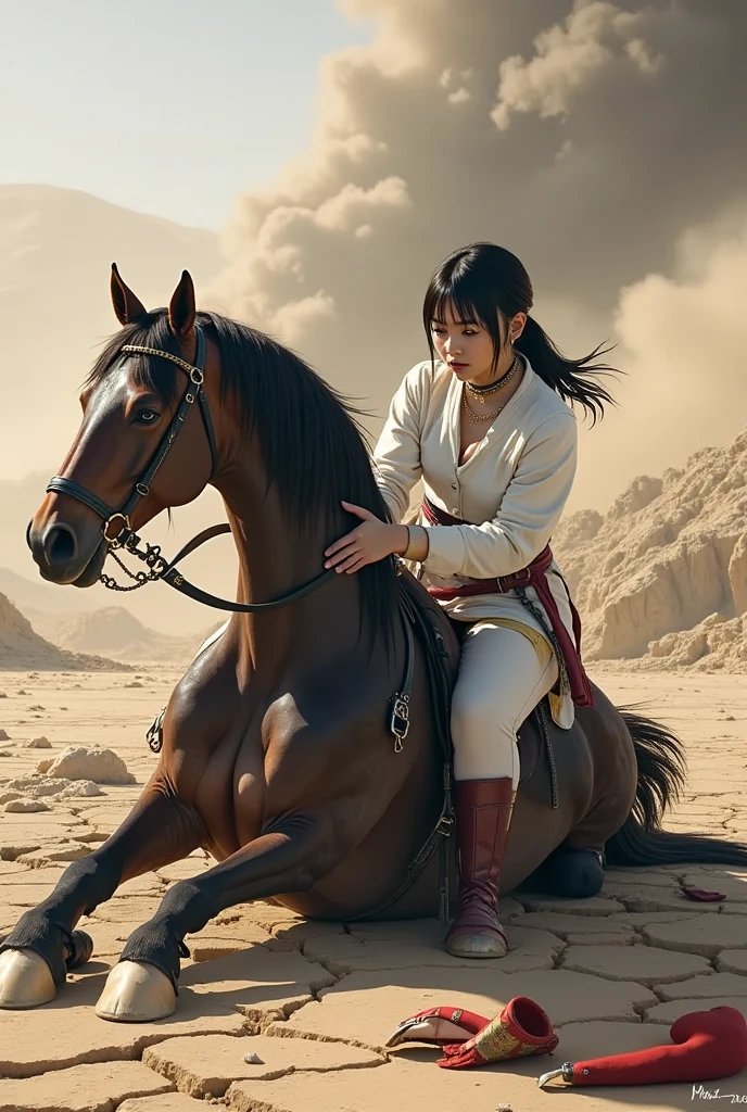 Heavy Breathing,Japanese female knight clings to a fallen horse and ...