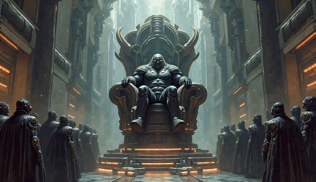 Darkseid sits in a flying throne that floats in the air in a space ...