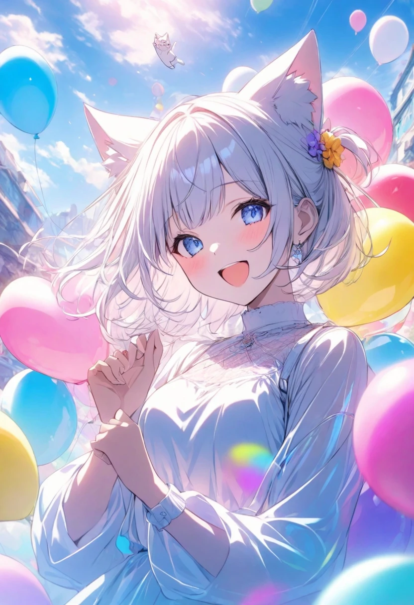 An anthropomorphized white cat girl with her hands raised 。 laugh ...
