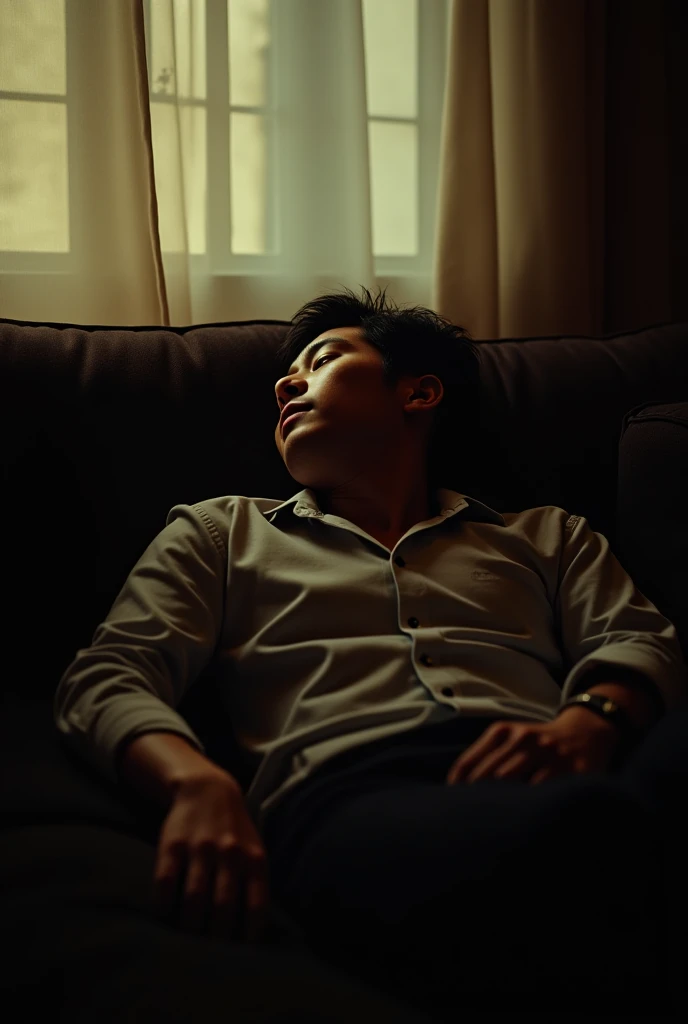 A dimly lit, intimate portrait of Manjiro Sano asleep on his couch ...