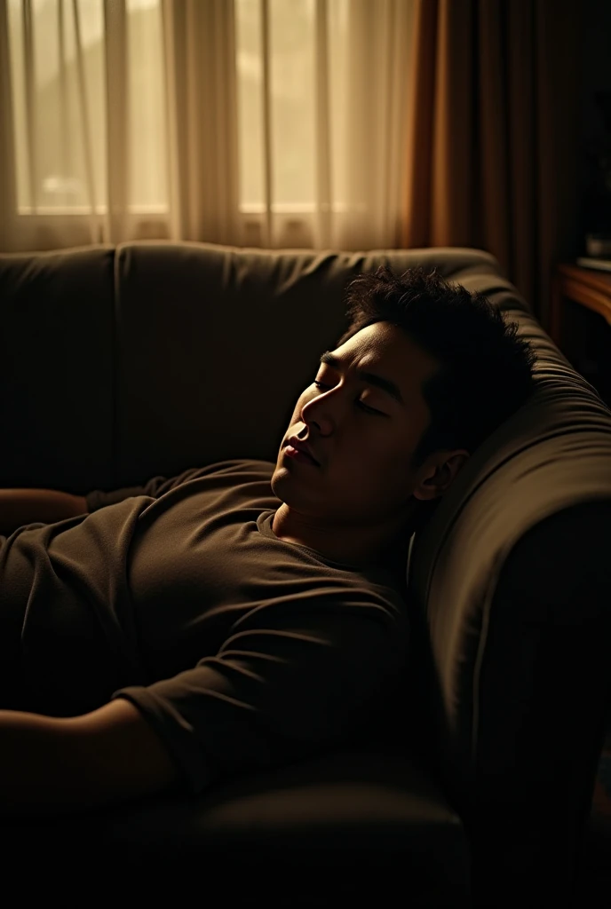 A dimly lit, intimate portrait of Manjiro Sano asleep on his couch ...